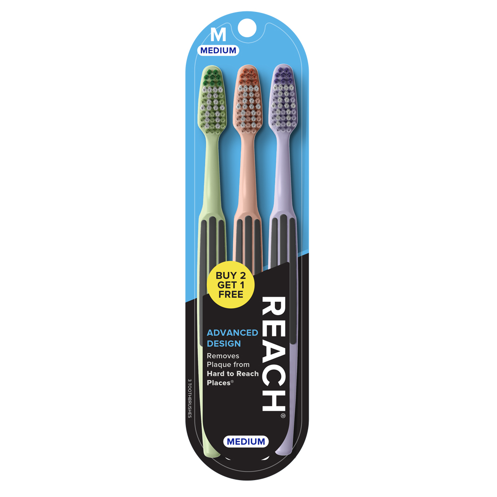 REACH® Advanced Design Medium Toothbrush, 3 Count